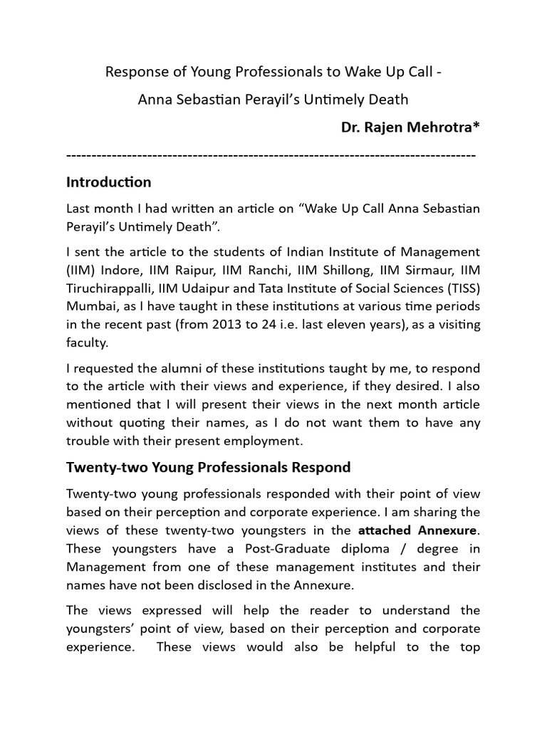 Response of Professionals To Wake Up Call - Anna Sebastian Perayil's ...