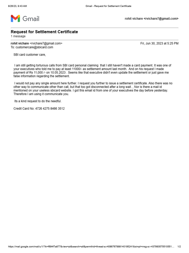 Gmail - Request For Settlement Certificate June - 2023 | PDF