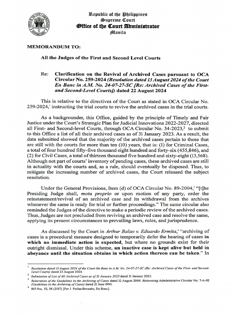 Memorandum Dated 09.19.24 Re Clarification On The Revival of Archived Cases Pursuant To OCA ...