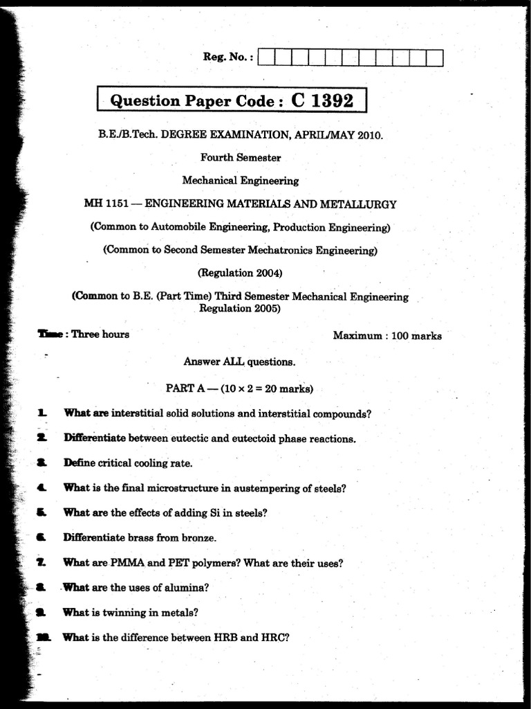 ME3392 - Anna University Question Paper | PDF | Steel | Alloy