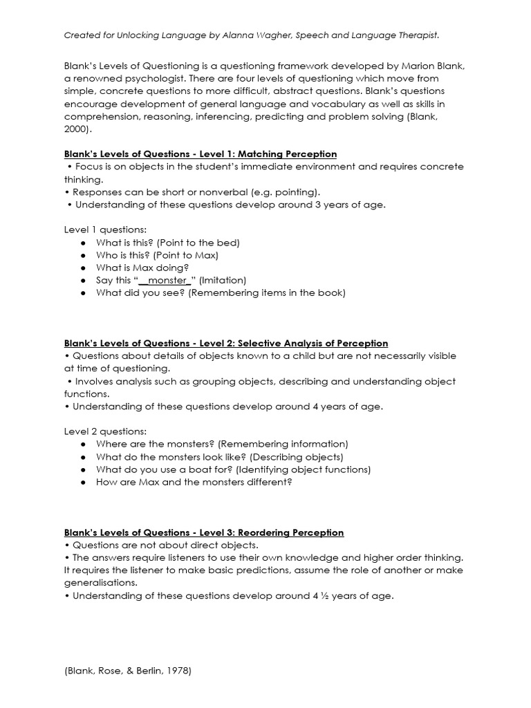 Blank’s Levels of Questions Where the Wild Things Are | PDF | Reason ...