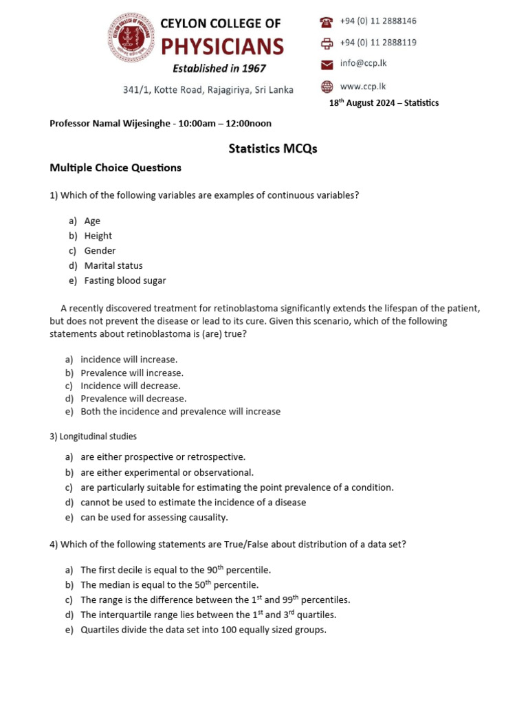 Biostatistics MCQs with Answers | PDF | Student's T Test | Statistics