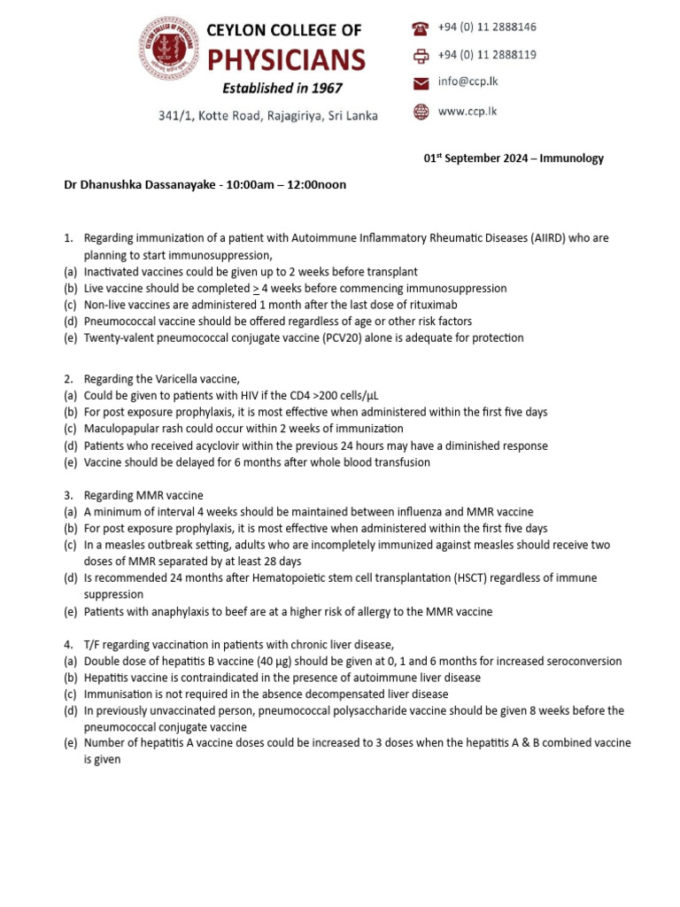 Immunology - MCQ For MD Medicine Selection Exam - 01st September 2024 ...