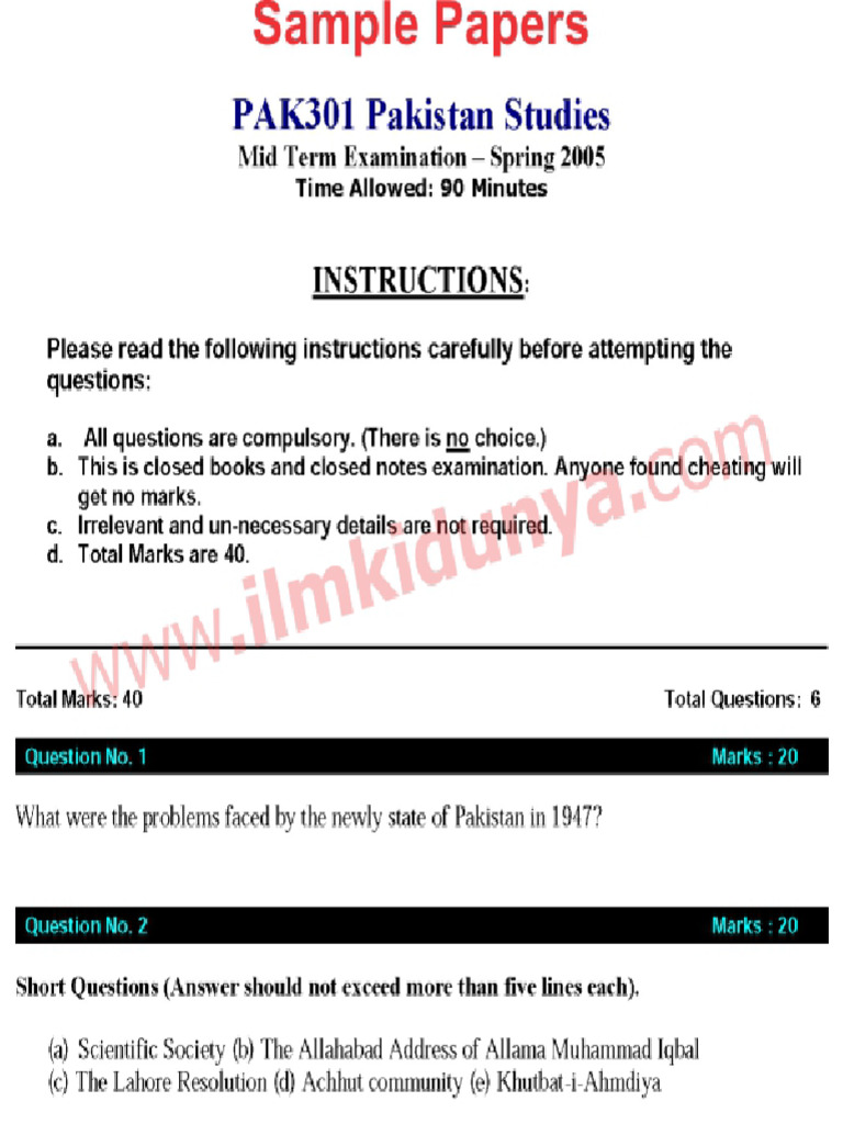 Pak 301 Pakistan Studies BS Information Technology VU University Past ...