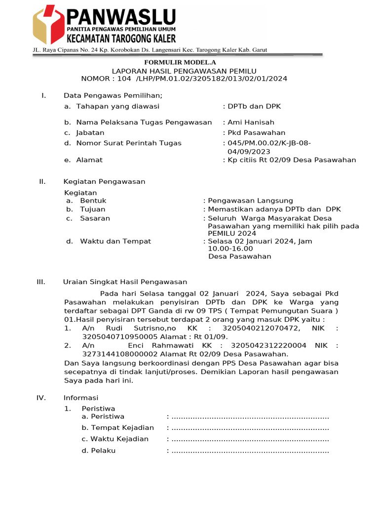 FORMULIR MODEL A 104 DPK 02 DES-02 JAN 2024 Beserta Poto Kegiatannya | PDF
