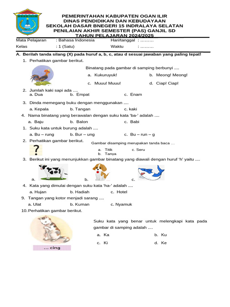 Soal_Pas Ganjil_Bhs_Indonesia_Kelas_1 | PDF