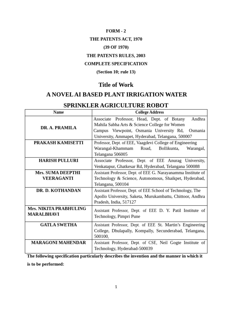 PID 10389SR A_NOVEL_AI_BASED_PLANT_IRRIGATION_WATER_SPRINKLER_AGRICULTURE_ROBOT | PDF ...