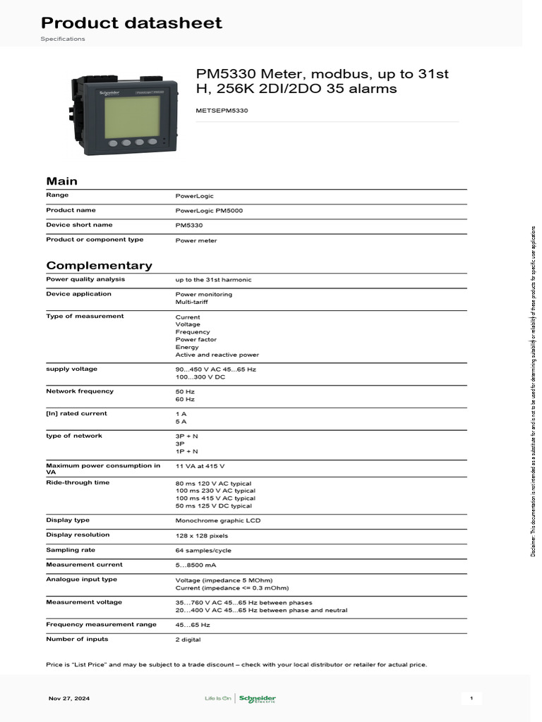 Schneider Electric PowerLogic PM5000 Power Meters METSEPM5330 | PDF ...