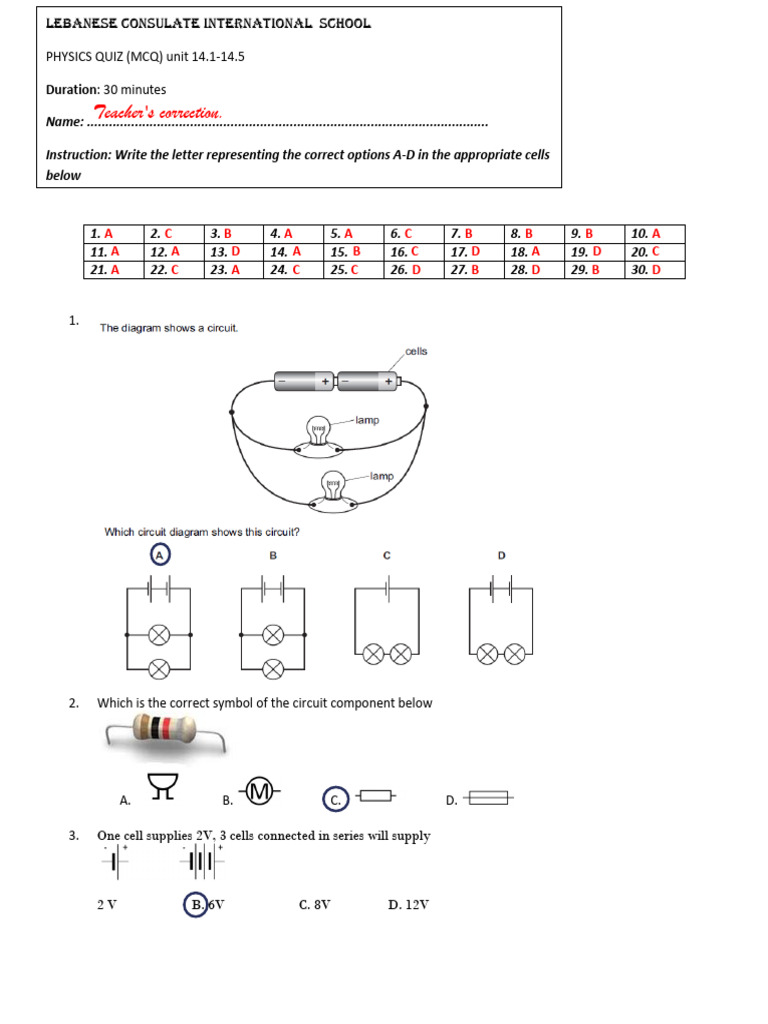 Physics Quiz: Circuit Components & Voltage | PDF | Voltage | Series And ...