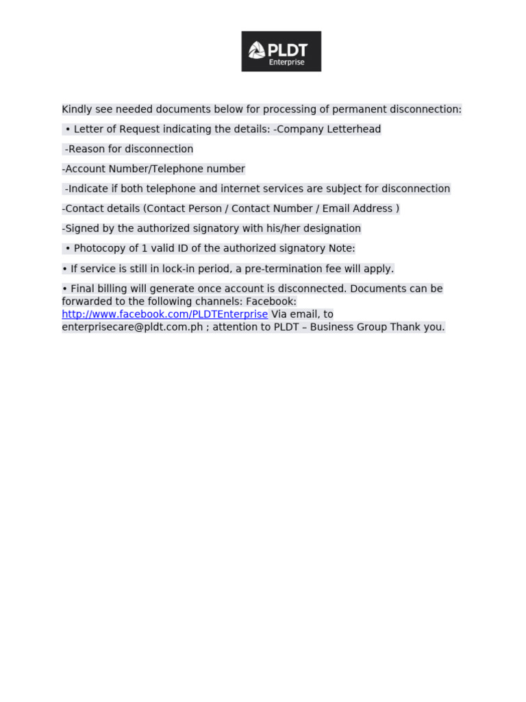 PLDT Termination Requirments | PDF
