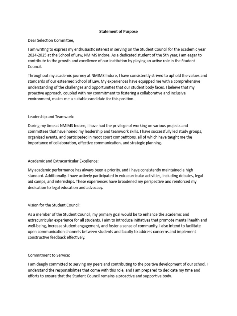 Statement of Purpose For Student Council | PDF | Leadership | Social ...
