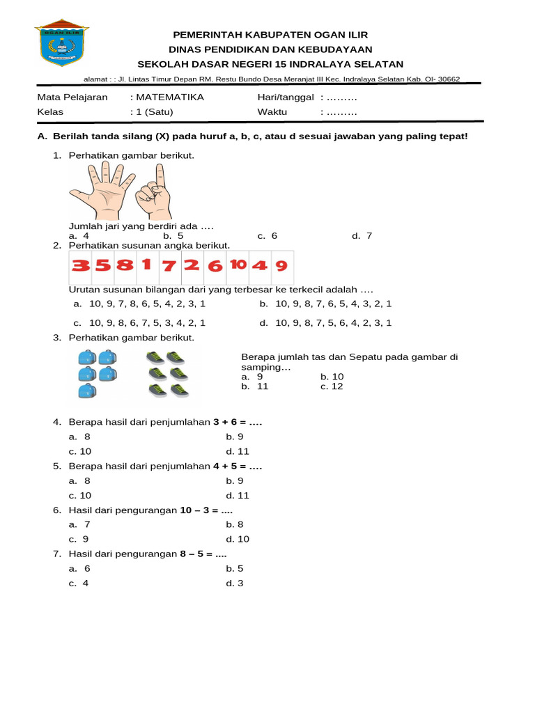 Soal - S. Ganjil - Matematika - Kelas - 1 | PDF