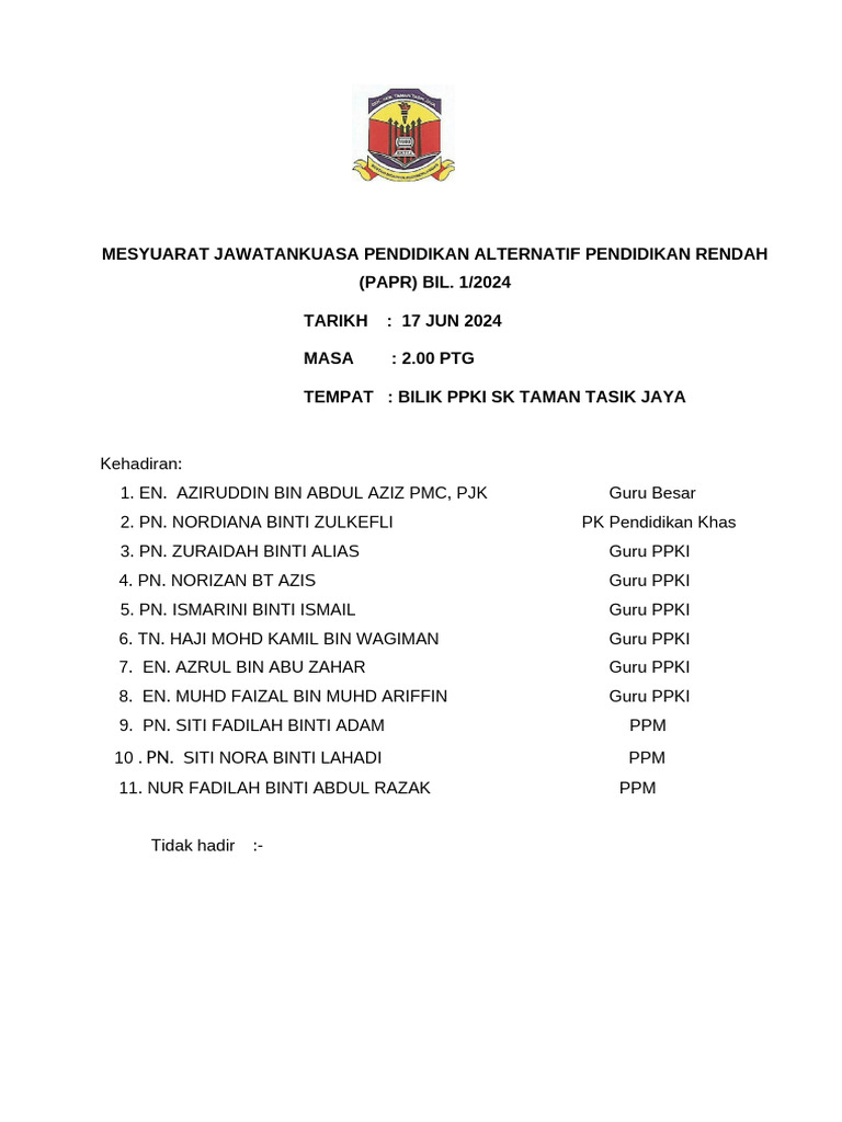 Minit Mesyuarat Papr Ppki Staja Kali Pertama 2024 | PDF