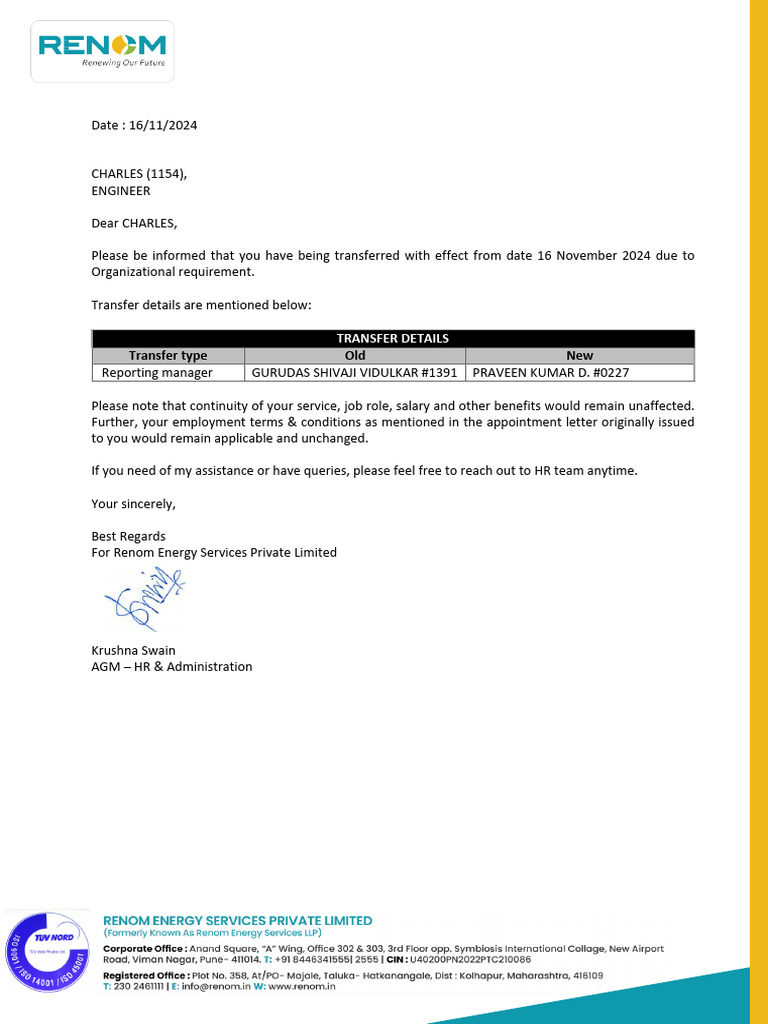 Transfer Letter | PDF