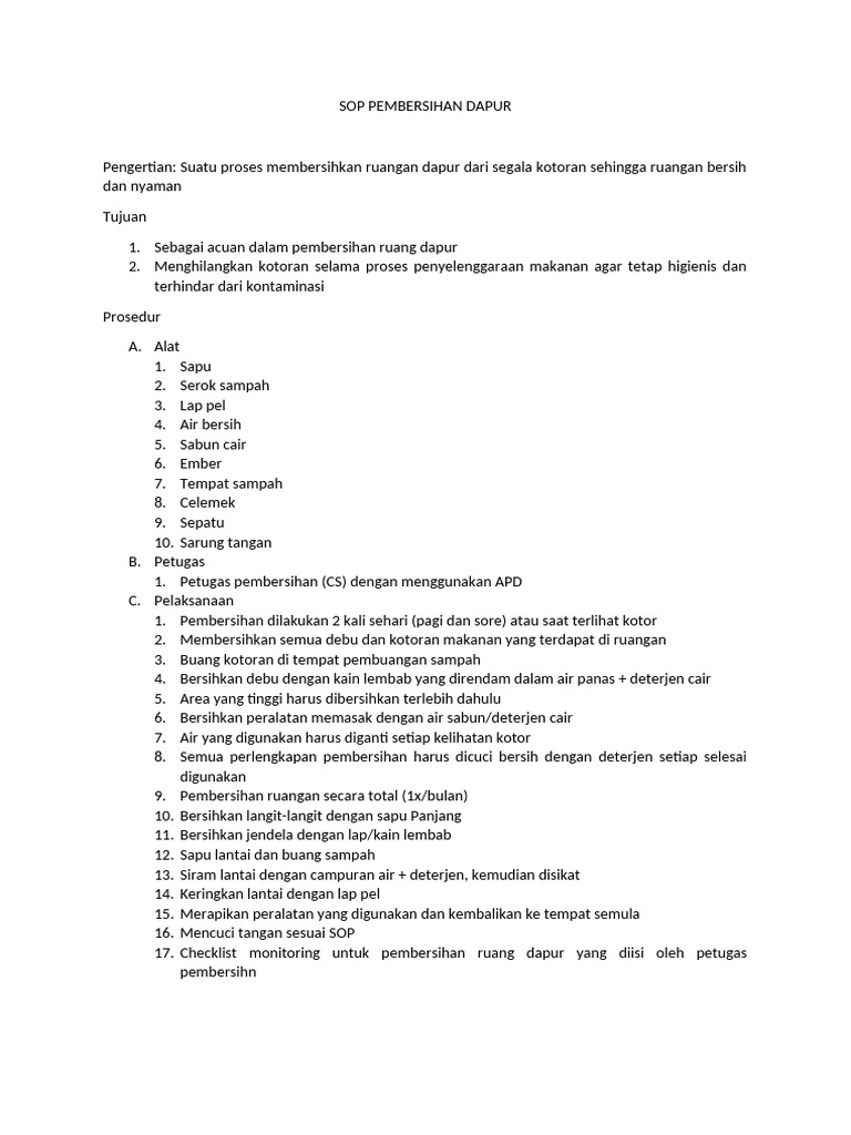 SOP PEMBERSIHAN DAPUR | PDF