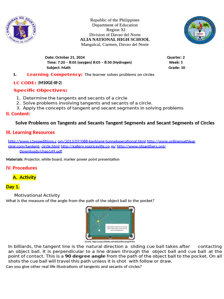 Lesson Plan Math 10 | PDF | Tangent | Circle