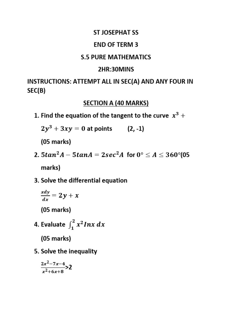 End of year S5 pure math | PDF | Equations | Mathematics End of year S5 pure math | PDF | Equations | Mathematics