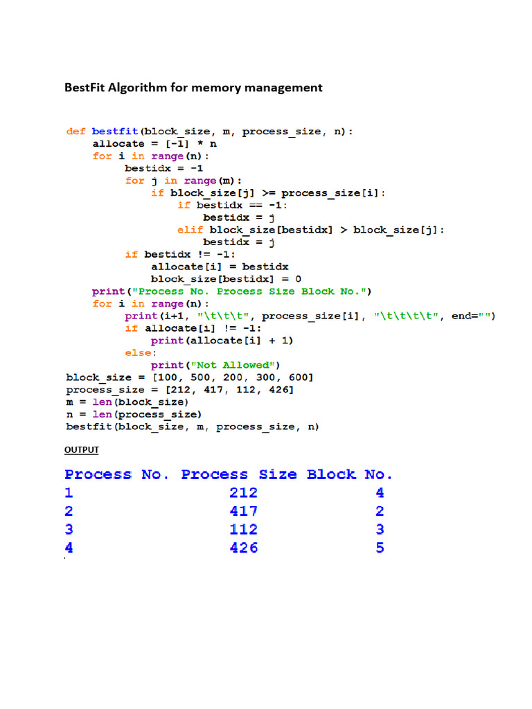 BestFit Algorithm For Memory Management | PDF