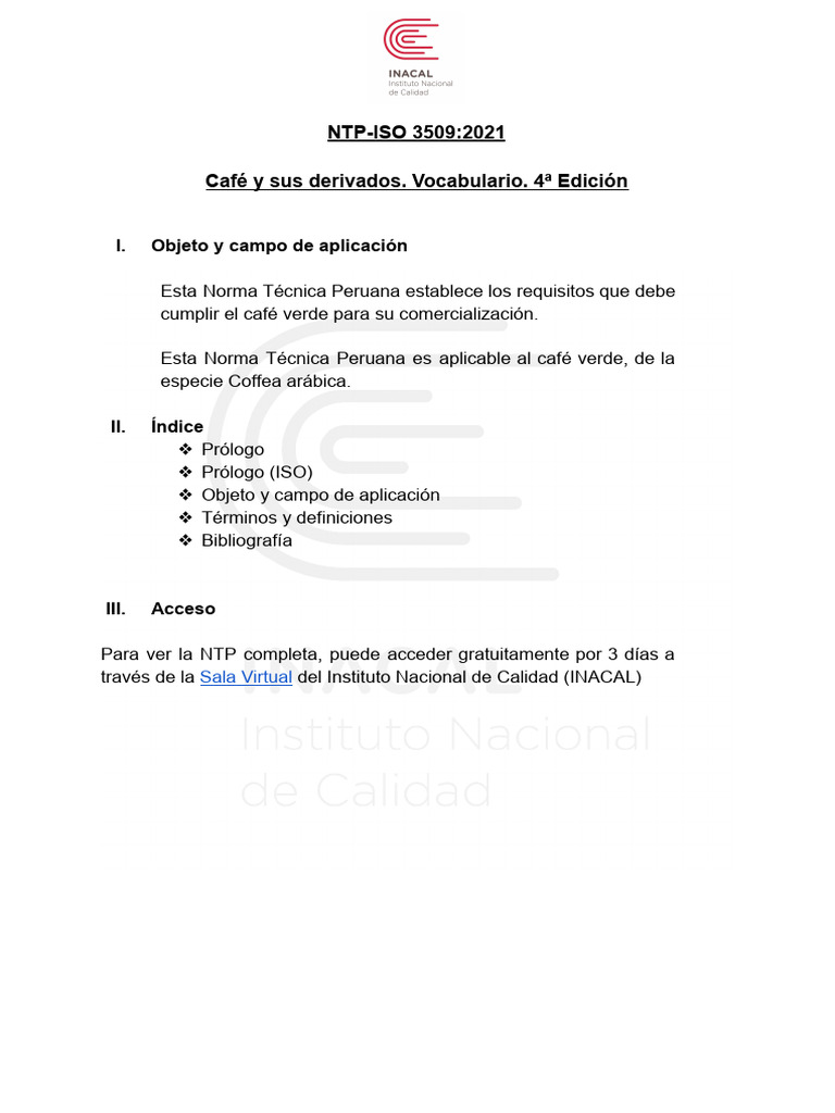 NTP-ISO 3509 - 2021 Café y Sus Derivados. Vocabulario. 4 Edición | PDF