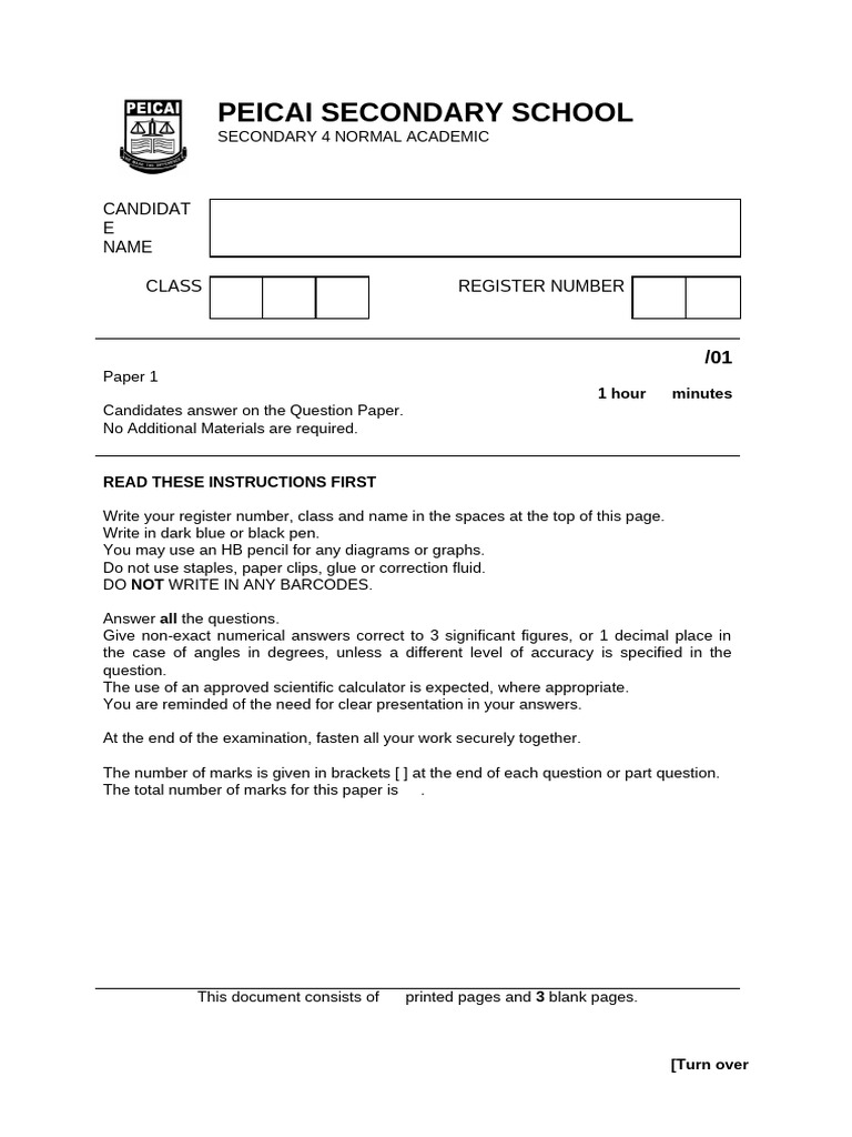 PEICAI Secondary 4 Math Exam Paper | PDF | Waves | Equations
