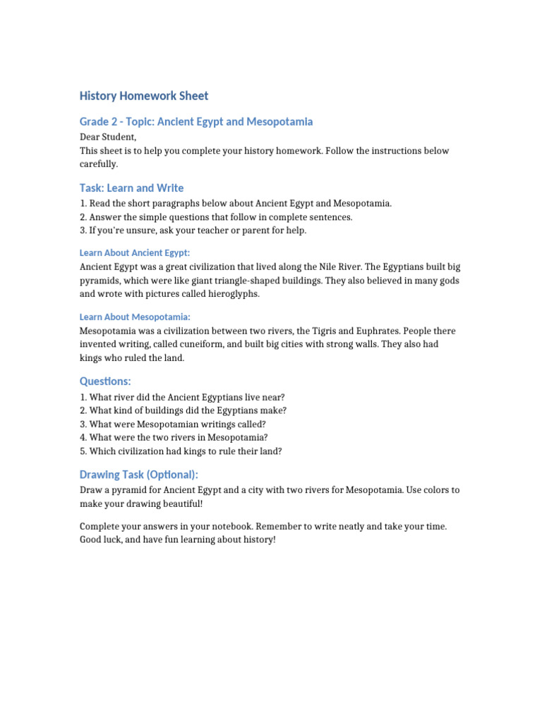 Grade 2 History Homework Sheet | PDF