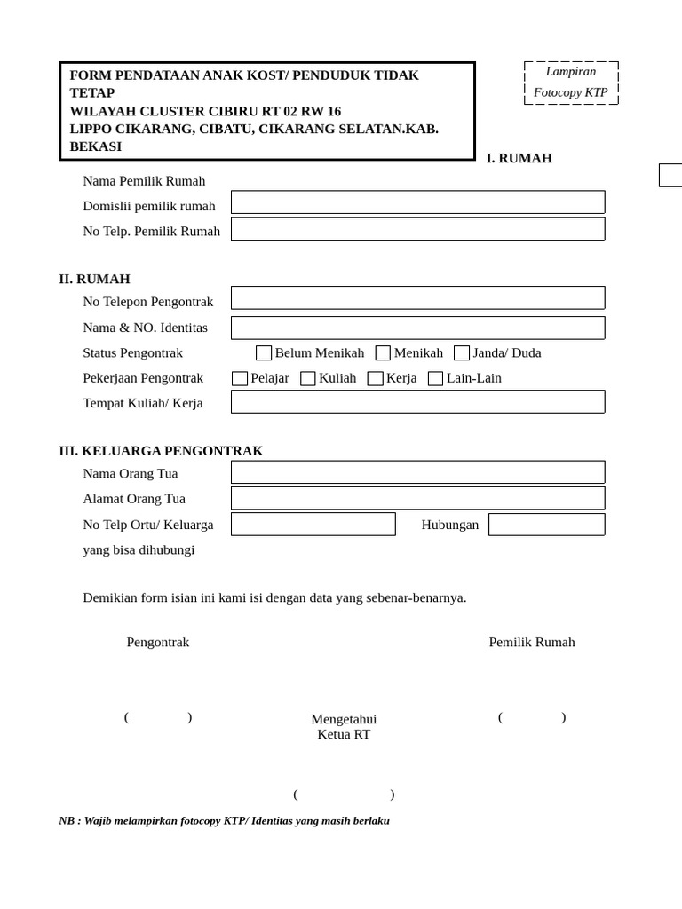 Form Pendataan Anak Kost | PDF