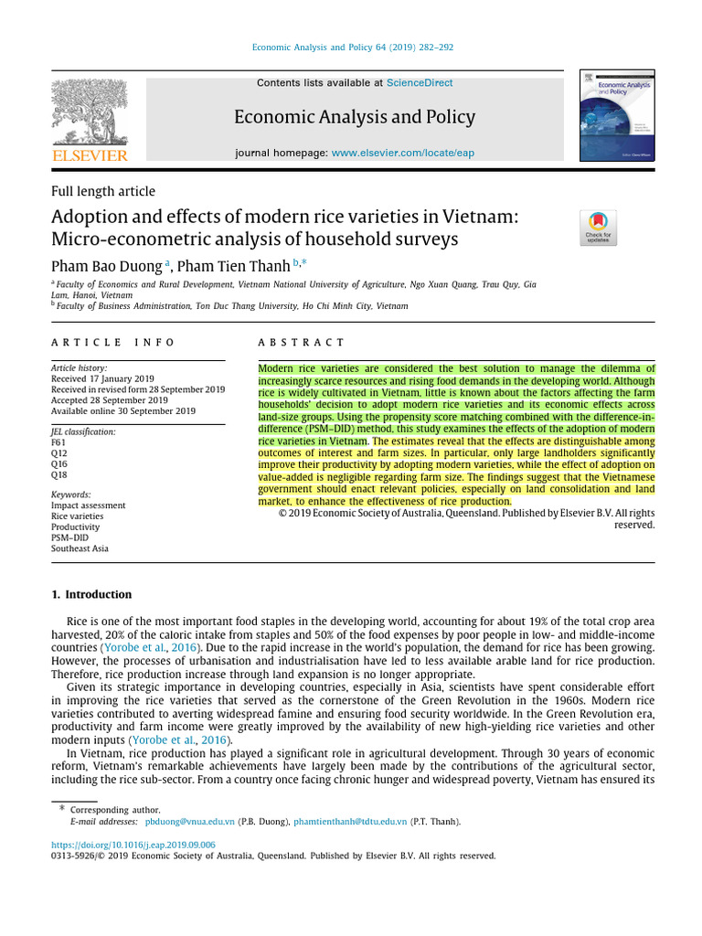 0 Pham2019 Adoption and Effects of Modern Rice Varieties in Vietnam ...