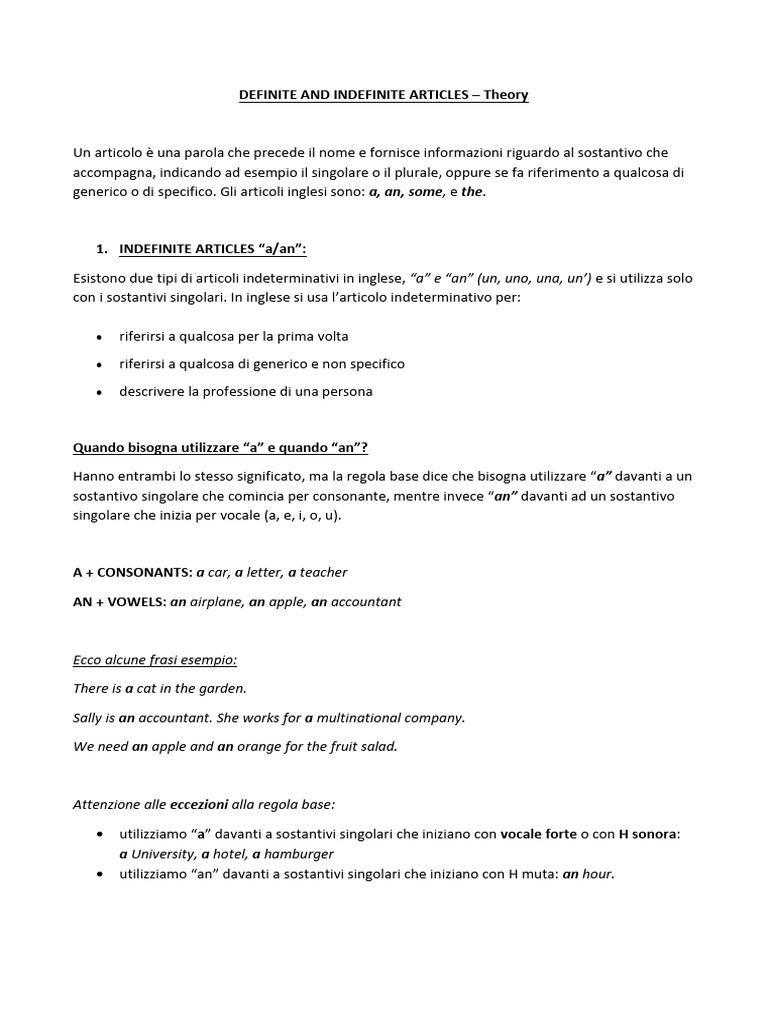 DEFINITE AND INDEFINITE ARTICLES - Teoria | PDF