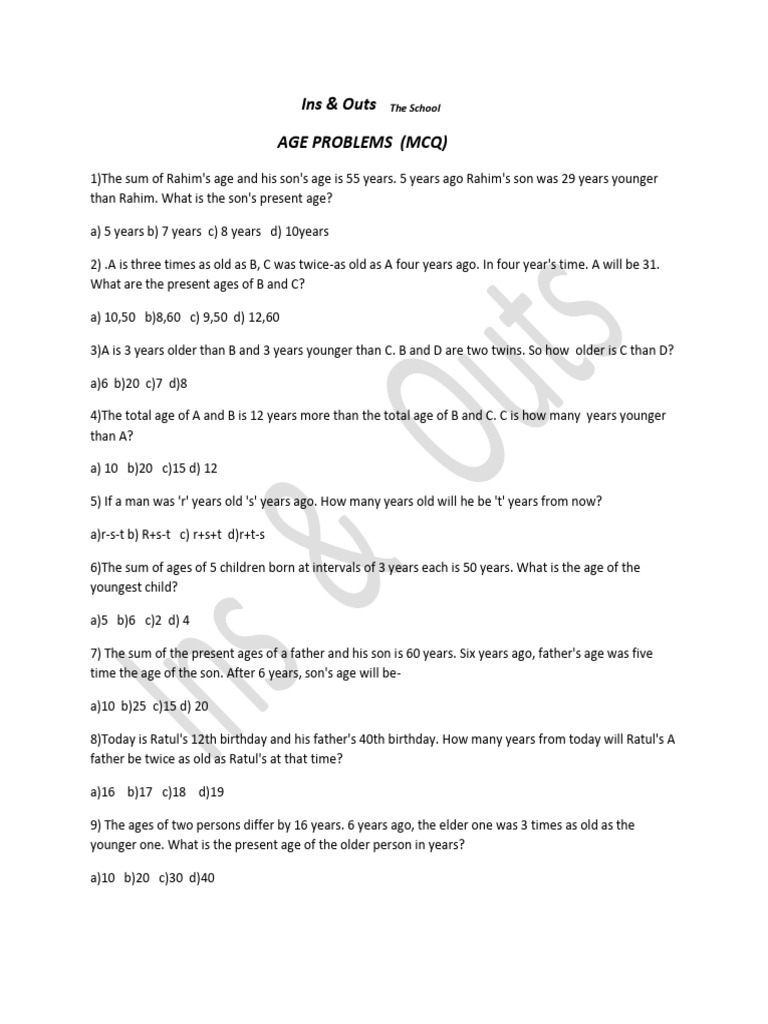 AGE PROBLEMS (MCQ) | PDF | Family | Mathematics