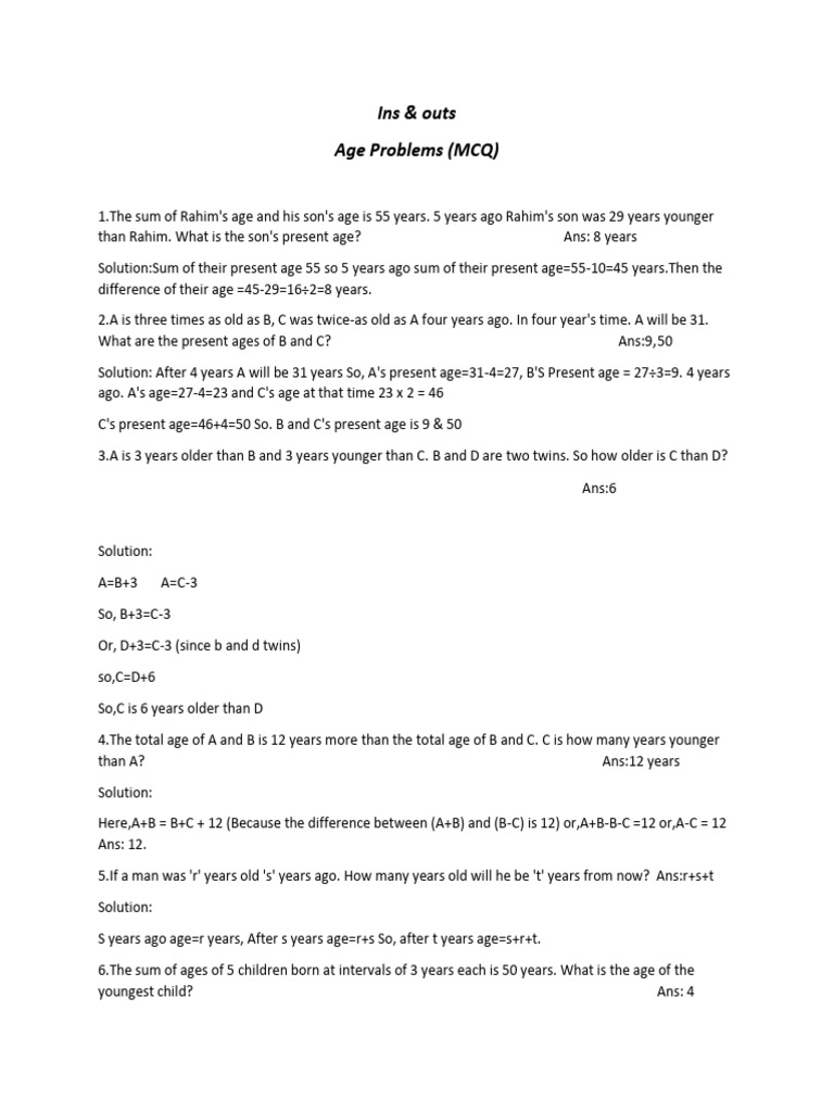 AGE PROBLEMS (MCQ Solution) | PDF | Mathematics | Family