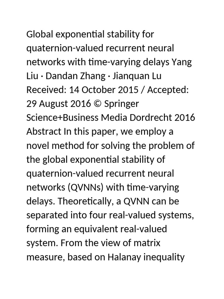 Global exponential stability for quaternion | PDF | Stability Theory | Matrix (Mathematics)