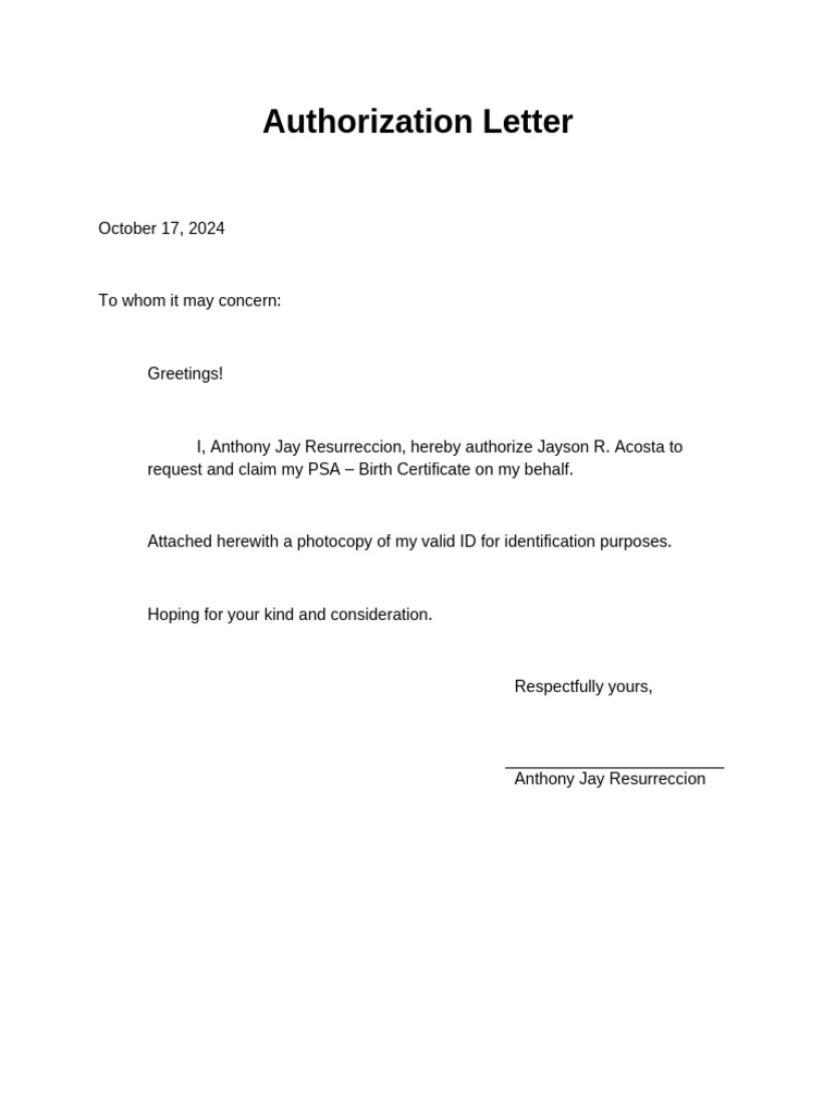 Authorization Letter for Birth Certificate | PDF