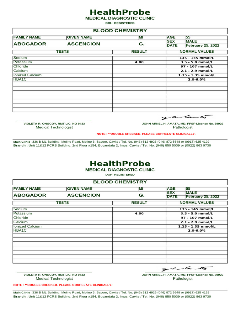 Blood Chemistry Test Results Summary | PDF | Cholesterol | High Density ...