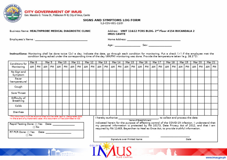 l3 Cov 001 130 Signs and Symptoms Log Form Form a Revised | PDF ...