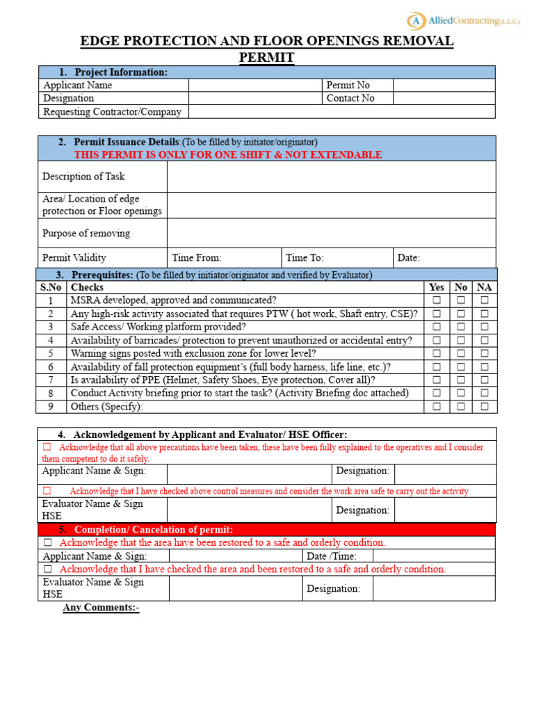 EDGE PROTECTION AND FLOOR OPENINGS REMOVAL PERMIT | PDF | Safety