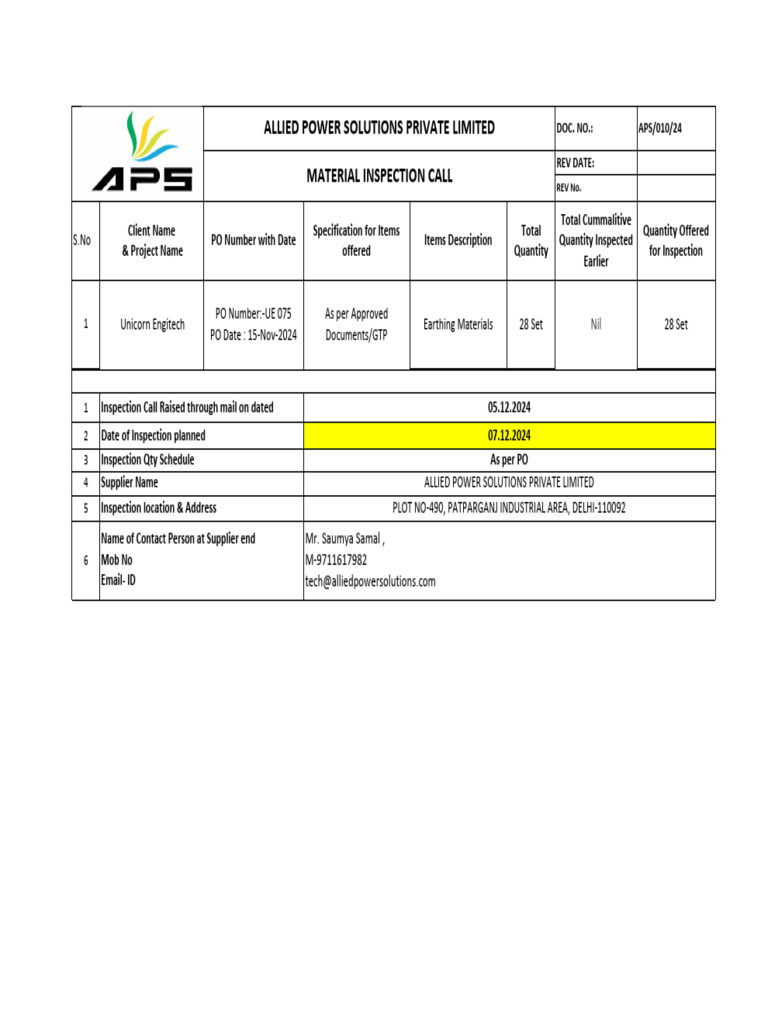 Inspection Call - Unicorn | PDF
