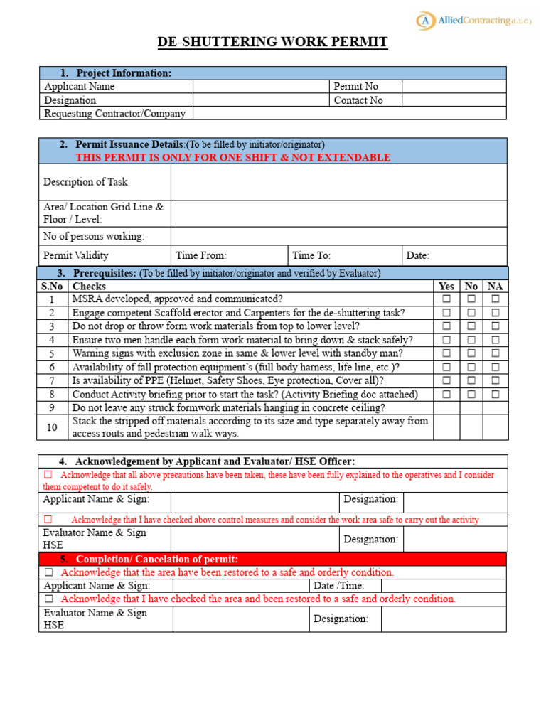 De-Shuttering Work Permit | PDF | Safety