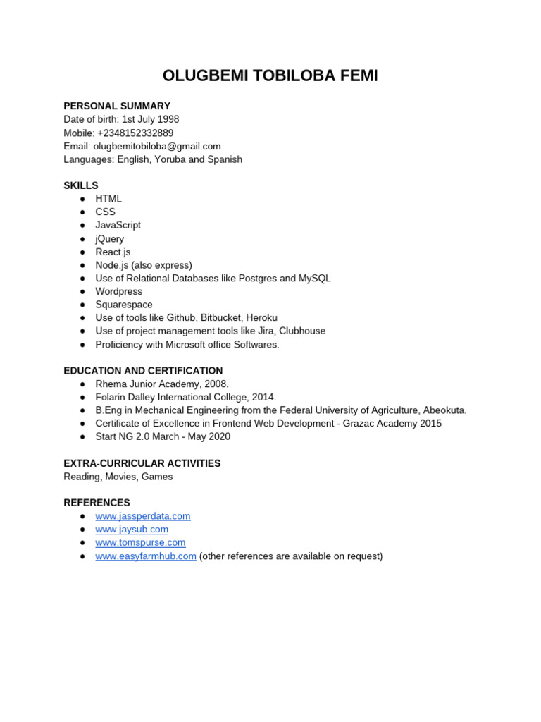 Olugbemi Tobiloba Femi: Personal Summary | PDF