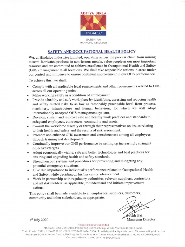 Safety and Occupational Health Policy | PDF