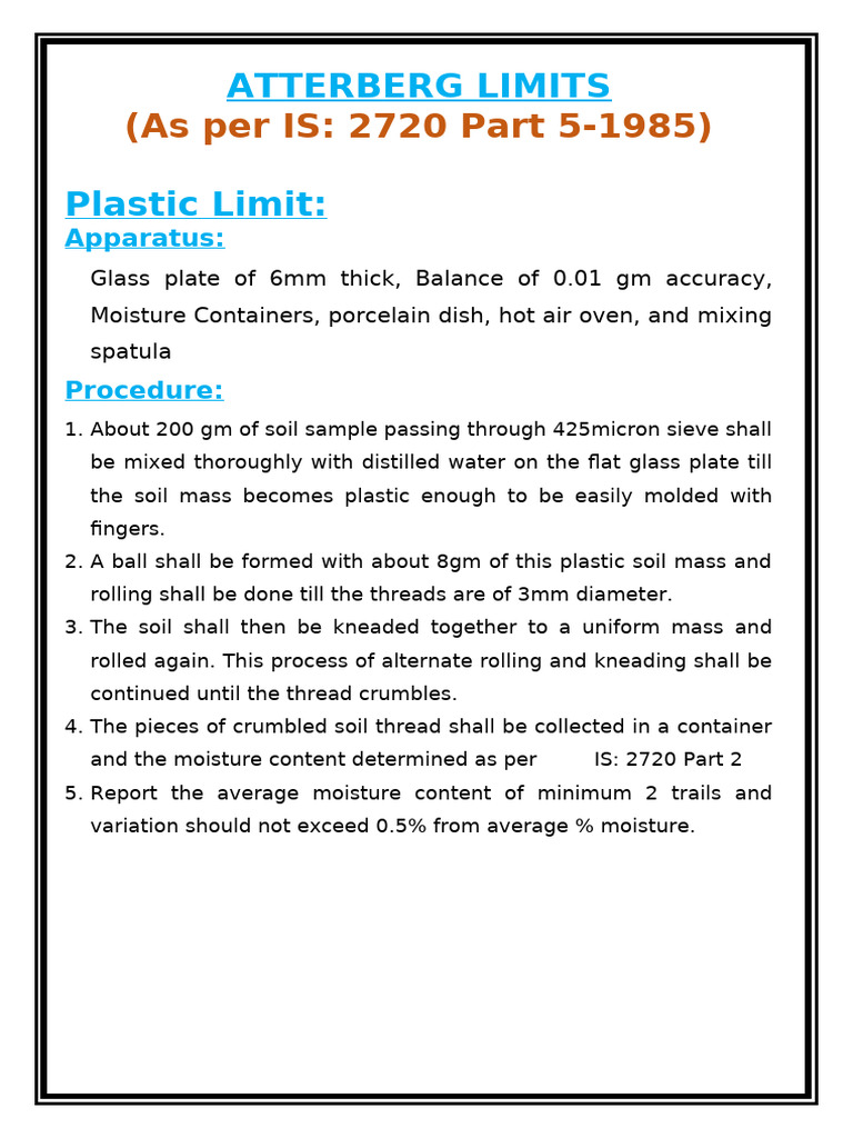 Atterberg Limits Test Procedure | PDF