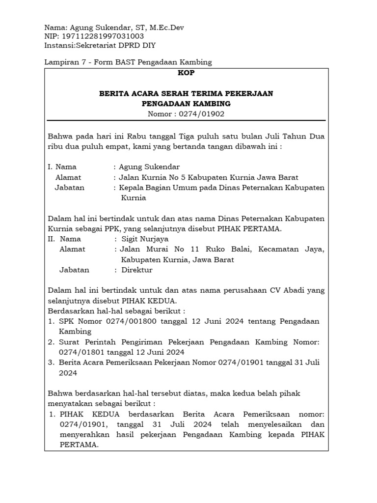 Berita Acara Serah Terima Kambing | PDF