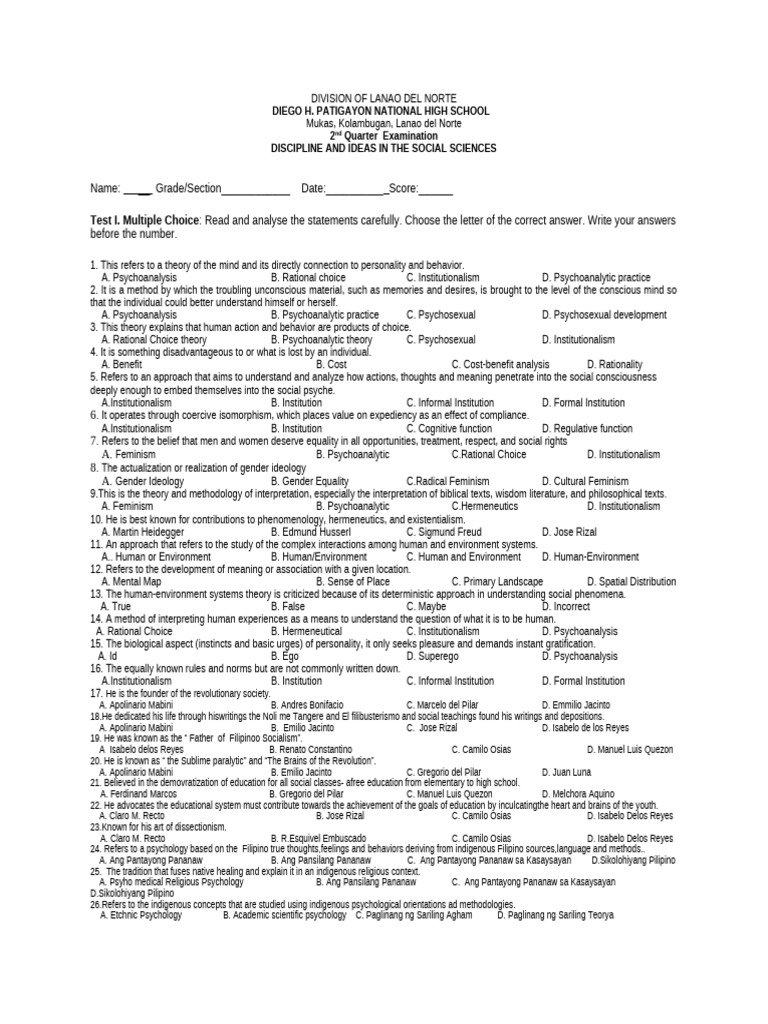 Diss Exam 2nd Quarter DIVISION OF LANAO DEL NORTE | PDF | Psychoanalysis | Hermeneutics