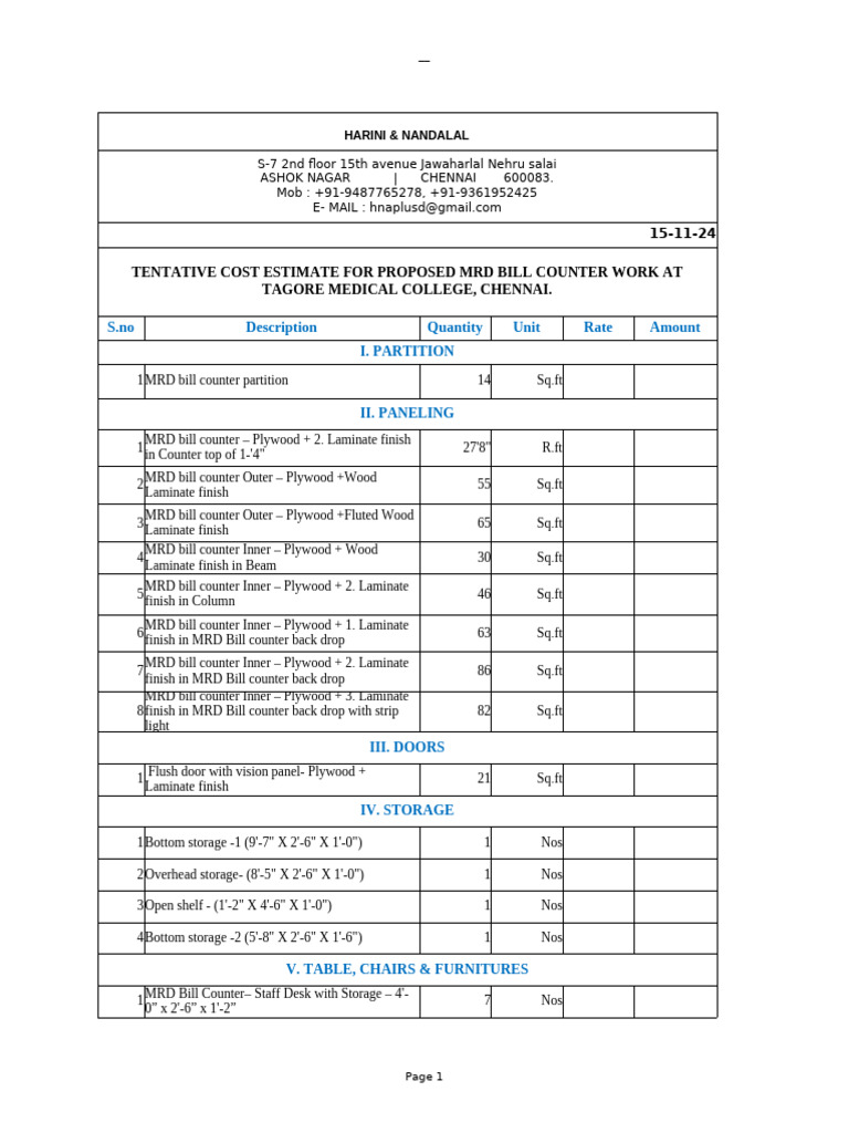 Tagore Medical Cllg. Mrd Bill Counter Boq-15.11.24 | PDF | Building Engineering