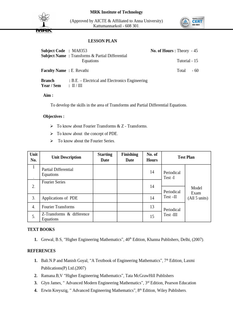 Transforms & PDEs Lesson Plan | PDF | Fourier Series | Partial ...