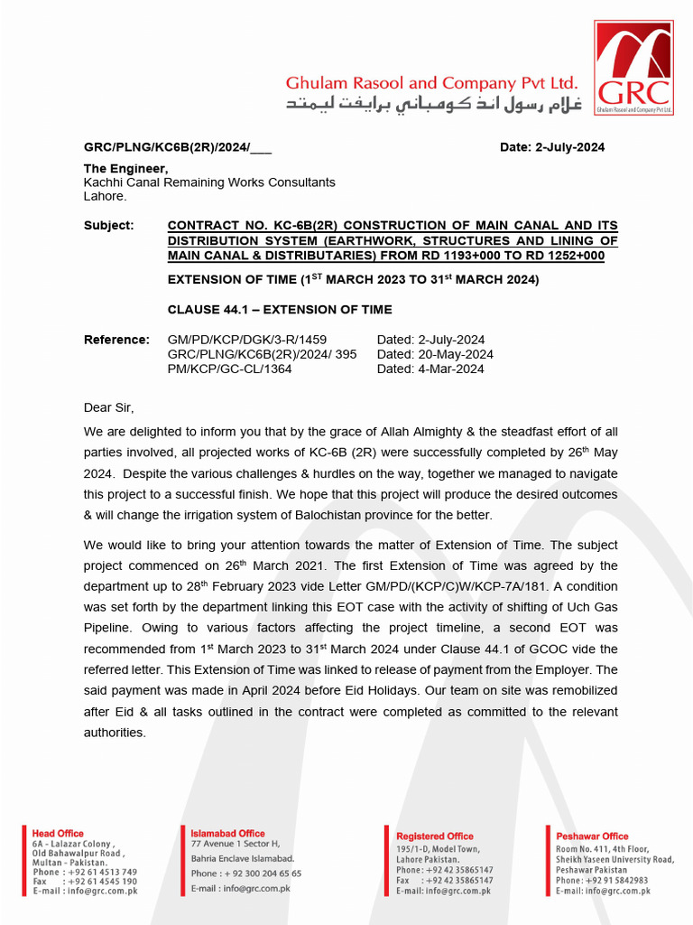 Kachhi Canal Project EOT Request 2024 | PDF | Liquidated Damages
