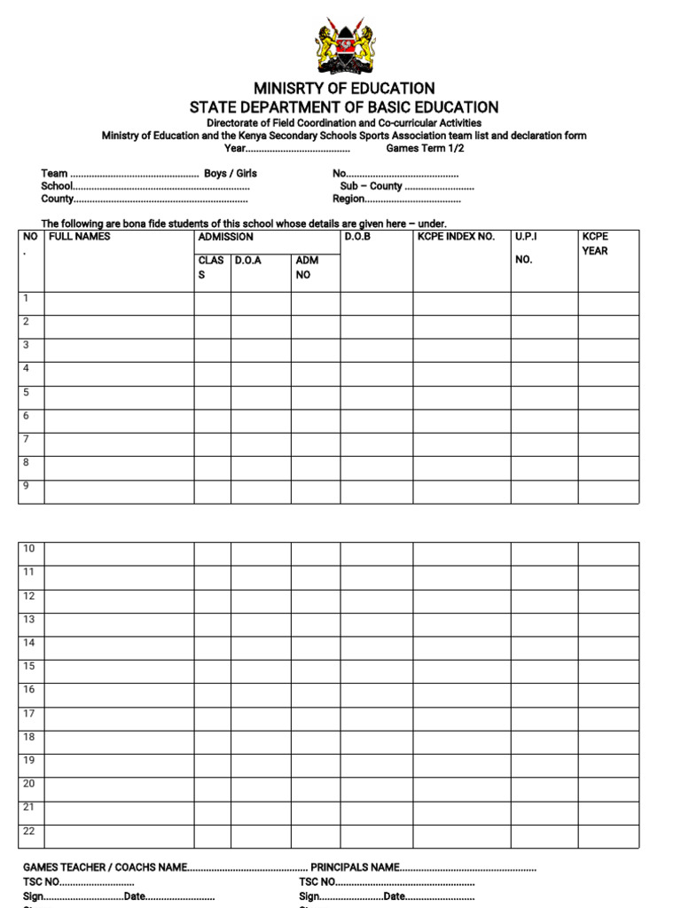 Sports Team Declaration Form | PDF