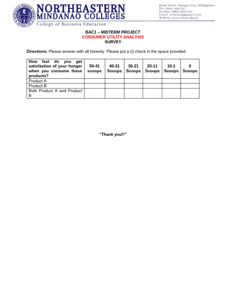 Bac1 Consumer Utility Analysis Midterm Project Survey | PDF