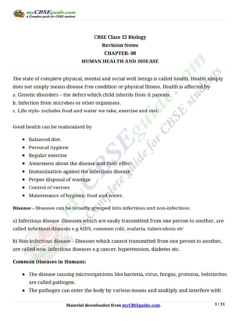 12 Biology Notes Ch08 Human Health and Disease | PDF