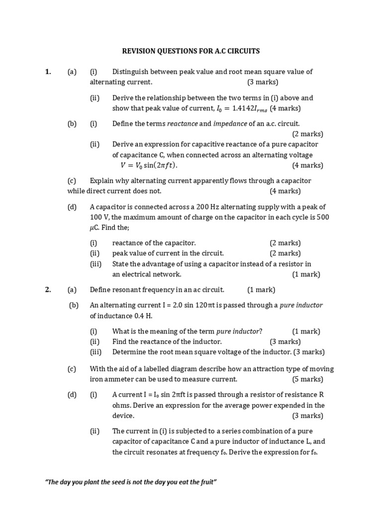 A.C. Circuits Revision Questions Guide | PDF | Inductor | Capacitor