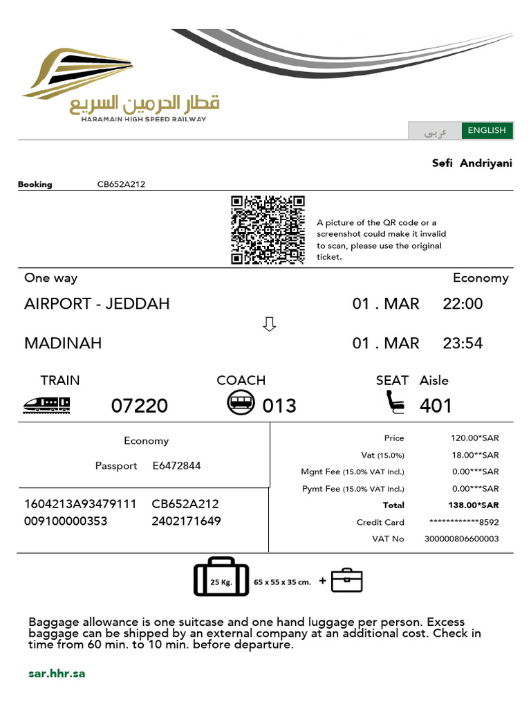 Jeddah to Madinah Train Ticket Details | PDF | Baggage | Value Added Tax